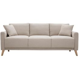 Miliboo Sofa aus beigem Stoff und hellem Holz 3-Sitzer MUNIK