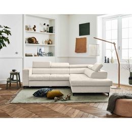 Lisa Design - Olinda - ecksofa mit ecke rechts - 5 sitzplätze - mit schlaffunktion, bettkasten und verstellbare kopfstützen - aus stoff - beige