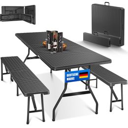 Kesser® Bierzeltgarnitur - 3-teilig Set, Tisch + 2 x Bank, für drinnen - draußen, klappbar, Tragegriffe, HxBxT: 73x180x75 cm , Kunststoff, Rattan-Look Gartengarnitur , Klapptisch , Gartentisch