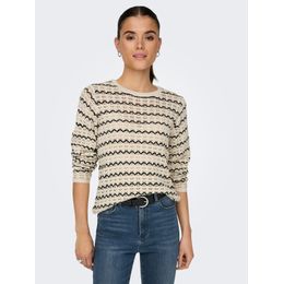 Strickpullover Only "ONLASA LS STRUCTURE O-NECK NCA KNT", Damen, Gr. L (40), beige (birch stripes:schwarz), Strick, Obermaterial: 60% Baumwolle, 40% Polyamid, gestreift, modisch, Rundhals, Pullover