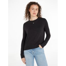 Strickpullover Tommy Jeans "TJW ESSENTIAL CREW NECK SWEATER", Damen, Gr. M (38), schwarz (schwarz melange), Strick, Obermaterial: 53% Baumwolle, 40% Viskose, 7% Polyamid, meliert, Basic, normal hüftlang, Rundhals, Pullover, mit Logostickerei