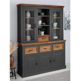 Buffet Home Affaire "Selma", grau (anth, gebeizt), B:145cm H:191cm T:38cm, Massivholz, MDF, Glas, Schränke, aus massivem Kiefernholz, mit Griffen aus antikisiertem Metall