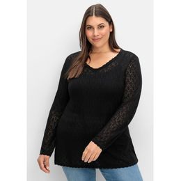 V-Ausschnitt-Pullover sheego "Große Größen", Damen, Gr. 40/42, schwarz, Feinstrick, Obermaterial: 55% Viskose, 45% Polyamid, unifarben, feminin, figurumspielend normal, V-Ausschnitt, Pullover, aus Ajourstrick, in leichter A-Linie