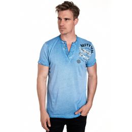 T-Shirt Rusty Neal, Herren, Gr. L, blau (petrol), 100% Baumwolle, bedruckt, meliert, casual, Rundhals, Shirts, mit modischer Knopfleiste