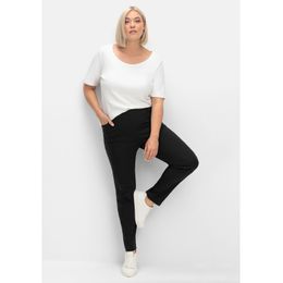 Stretch-Hose sheego "Große Größen", Damen, Gr. 100, Langgrößen, schwarz, Obermaterial: 70% Viskose, 25% Polyamid, 5% Elasthan, unifarben, casual, regular fit lang, Hosen, mit Shaping-Einsatz im Bauchbereich