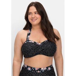 Bandeau-Bikini-Top sheego "Große Größen", Damen, Gr. 40, Cup D, schwarz (schwarz gepunktet), Polyamid, Xtra Life LYCRA, Bikini-Oberteile, in Wickeloptik, mit Neckholder-Träger