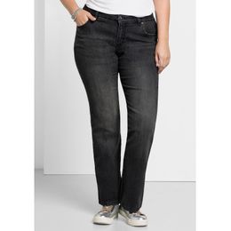 Bootcut-Jeans sheego "Große Größen", Damen, Gr. 104, Langgrößen, schwarz (schwarz denim), Obermaterial: 75% Baumwolle, 24% Polyester, 1% Elasthan, unifarben, casual, lang, Jeans, in 5-Pocket-Form, mit Used-Effekten