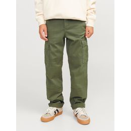 Jack & Jones Cargohose JACK & JONES JUNIOR "JPSTKANE JJHARLOW CARGO NOOS JNR", Jungen, Gr. 152, N-Gr, grün (dusty olive), Web, Obermaterial: 98% Baumwolle, 2% Elasthan, unifarben, modisch, loose fit knöchellang, Hosen