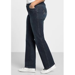 Stretch-Jeans sheego "Große Größen", Damen, Gr. 112, Langgrößen, blau (dunkelblau denim), Obermaterial: 98% Baumwolle, 2% Elasthan, unifarben, casual, lang, Jeans, mit Used-Effekten