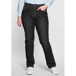 Stretch-Jeans sheego "Große Größen", Damen, Gr. 100, Langgrößen, schwarz (schwarz denim), Obermaterial: 98% Baumwolle, 2% Elasthan;Einsatz: 92% Polyester, 8% Elasthan, unifarben, casual, lang, Jeans, Bauch-weg-Effekt