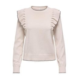 Strickpullover Only "ONLAMA LIFE LS O-NECK RUFFLE CC KNT", Damen, Gr. L (40), birch detail:schwarz, Strick, Obermaterial: 80% Polyester, 20% Nylon, unifarben, modisch, regular fit, Rundhals, Pullover