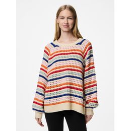 Rundhalspullover Pieces "PCDOSLA LS O-NECK KNIT MM", Damen, Gr. L (40), birch stripes:mandarin orange multi, Strick, Obermaterial: 100% Polyacryl, gestreift, modisch, Rundhals, Pullover