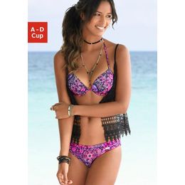 Bikini-Hose Buffalo "Shari", Damen, Gr. 32, N-Gr, lila (aubergine, bedruckt), Microfaser, Polyamid, Badehosen, mit geflochtenem Ziergürtel