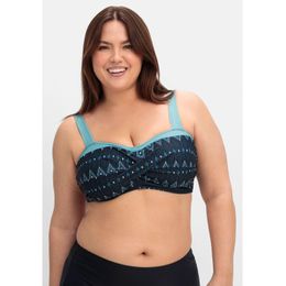 Bandeau-Bikini-Top sheego "Große Größen", Damen, Gr. 40, Cup F, blau (tiefblau bedruckt), Polyamid, Xtra Life LYCRA, Bikini-Oberteile, in Wickeloptik, ohne Bügel