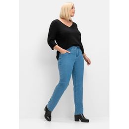 Stretch-Jeans sheego "Große Größen", Damen, Gr. 100, Langgrößen, blau (blau denim), Obermaterial: 75% Baumwolle, 24% Polyester, 1% Elasthan, unifarben, casual, lang, Jeans, im 5-Pocket-Stil