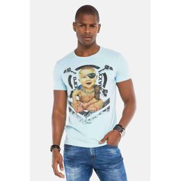 Cipo & Baxx T-Shirt CIPO & BAXX "T-Shirts", Herren, Gr. L, blau (hellblau), 95% Baumwolle;5% Elasthan, bedruckt, casual, regular fit, Rundhals, Kurzarm gerader Abschluss, Shirts, mit Baby Pirat und Label-Details, CT-485