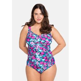 Tankini-Top sheego "Große Größen", Damen, Gr. 40, Cup E, blau (blau, pink), Polyamid, Xtra Life LYCRA, Bikini-Oberteile, mit Shaping-Einsatz und verstellbaren Trägern