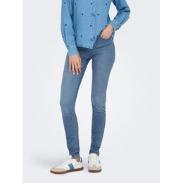 Skinny-fit-Jeans Only "ONLWAUW MID WAIST SK VIS BUT DNM", Damen, Gr. L (40), Länge 32, blau (medium blau denim), Denim/Jeans, Obermaterial: 64% Baumwolle, 22% Polyester, 12% Viskose, 2% Elasthan, unifarben, modisch, skinny fit, Jeans