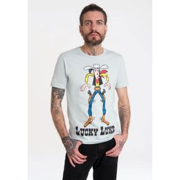 T-Shirt logoshirt "Lucky Luke", Herren, Gr. L, blau (hellblau), 100% Baumwolle, bedruckt, casual, normal, Rundhals, Kurzarm, Shirts, mit angesagtem Retro-Print