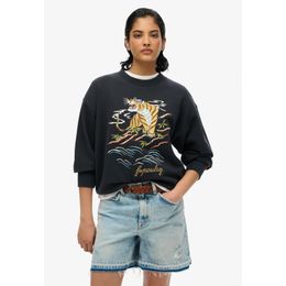 Sweatshirt Superdry "SUIKA EMBROIDERED LOOSE CREW", Damen, Gr. XS, schwarz, Sweatware, Obermaterial: 75% Baumwolle, 25% Polyester, bedruckt, relaxed fit taillenbedeckt, Rundhals, Rippbündchen, Sweatshirts