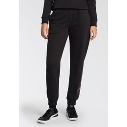 Trainingshose Puma "ESS+ LOGO LAB PANTS FL", Damen, Gr. XS, N-Gr, schwarz (Puma schwarz), Fleece, Obermaterial: 66% Baumwolle, 34% Polyester, bedruckt, sportlich, regular fit normal, Hosen