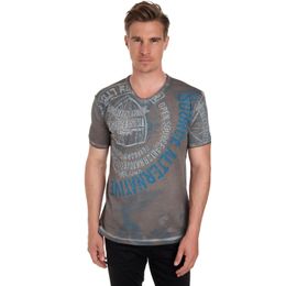 T-Shirt Rusty Neal, Herren, Gr. L, grau (anthrazit), 100% Baumwolle, bedruckt, normal, V-Ausschnitt, Kurzarm, Shirts, mit Strasssteinen und Frontprint