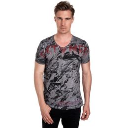 T-Shirt Rusty Neal, Herren, Gr. L, grau (anthrazit), 100% Baumwolle, bedruckt, casual, normal, V-Ausschnitt, Kurzarm, Shirts, mit aufwendigem Strass-Design