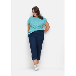 Schlupfjeans sheego "Große Größen", Damen, Gr. 42, Normalgrößen, blau (dunkelblau denim), Obermaterial: 67% Baumwolle, 30% Polyester, 3% Elasthan, unifarben, feminin, regular fit 7/8-Länge, Jeans, mit Zierknöpfen am Saum