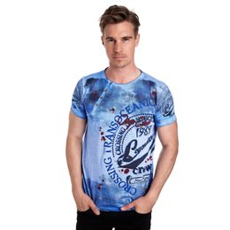 T-Shirt Rusty Neal, Herren, Gr. L, blau (hellblau), 100% Baumwolle, bedruckt, normal, Rundhals, Kurzarm, Shirts, mit plakativem Frontprint