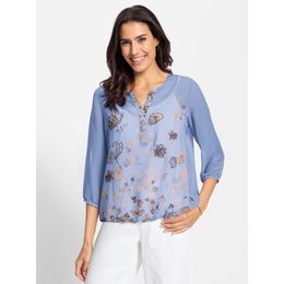 Chiffonbluse Inspirationen, Damen, Gr. 40, blau (bleu, bedruckt), 100% Polyester, Top:5% Elasthan, 95% Viskose, geblümt, gemustert, mehrfarbig, bedruckt, V-Ausschnitt, 3/4-Ärmel, Blusen