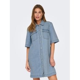 Jeanskleid Only "ONLBELLE S/S BUTTON DRESS DNM GUA NOOS", Damen, Gr. L (40), N-Gr, blau (light blau denim), Denim/Jeans, Obermaterial: 100% Baumwolle, unifarben, modisch, regular fit, Kurzarm, Kleider