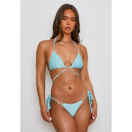 Triangel-Bikini-Top MODA MINX "Lumiere Seychelles", Damen, Gr. L, blau (hellblau), 85% Polyester, 8% Elasthan, 7% Metall, unifarben, Bikini-Oberteile, mit funkelnden Anhängern