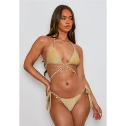 Triangel-Bikini-Top MODA MINX "Lumiere Seychelles", Damen, Gr. M, gold (goldfarben), 85% Polyester, 8% Elasthan, 7% Metall, unifarben, Bikini-Oberteile, mit funkelnden Anhängern