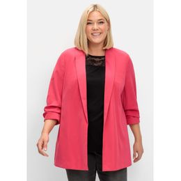 Longblazer sheego "Große Größen", Damen, Gr. 40, lila (orchidee), Obermaterial: 100% Polyester;Futter: 100% Polyester, unifarben, feminin, figurumspielend lang, 3/4-Ärmel, Blazer, mit Schalkragen und gerafftem 3/4-Arm