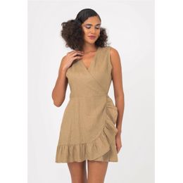 Jerseykleid FRESHLIONS "Mailinda", Damen, Gr. L, EURO-Größen, braun, 100% Leinen, unifarben, feminin, kurz, V-Ausschnitt, ohne Ärmel, Kleider, im eleganten Wickel-Design