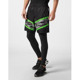 Sporthose Plein Sport "2-In-1 Laufhose Camouflage", Damen, Gr. L, US-Größen, 02, schwarz, STOFF 1: 90% POLYESTER 10% ELASTAN / STOFF 2: 100% POLYESTER, Hosen