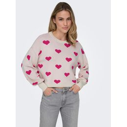 Strickpullover Only "ONLMONTANA LS JQ O-NECK CC KNT", Damen, Gr. L (40), birch pattern:pink yarrow small heart, Strick, Obermaterial: 82% Viskose, 18% Nylon, gemustert, modisch, regular fit, Rundhals, Langarm Rippbündchen, Pullover