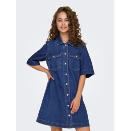 Jeanskleid Only "ONLBELLE S/S BUTTON DRESS DNM GUA NOOS", Damen, Gr. L (40), N-Gr, blau (dunkelblau denim), Denim/Jeans, Obermaterial: 100% Baumwolle, unifarben, modisch, regular fit, Kurzarm, Kleider