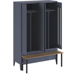 Wolf Schwarz-Weiß-Spind Berlin 1 mit Sitzbank, 2 Abteile, blaugrau, B 1200 mm, vorgebaut, Buchenholz