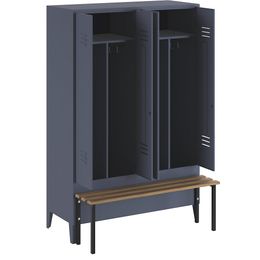 Wolf Schwarz-Weiß-Spind Berlin 2 mit Sitzbank, 2 Abteile, blaugrau, B 1200 mm, vorgebaut, Buchenholz