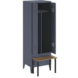 Wolf Schwarz-Weiß-Spind Berlin 2 mit Sitzbank, 1 Abteil, blaugrau, B 600 mm, vorgebaut, Buchenholz