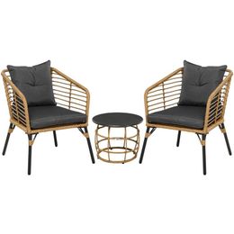 Outsunny Rattan Gartenmöbel-Set, 3-TLG. Sitzgruppe, inkl. Couchtisch und 2 Stühle, Bistro-Set mit Kissen, Balkonmöbel für Terrasse, Balkon, Stahl,