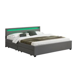 Juskys Polsterbett Lyon 180x200 cm mit Lattenrost, Bettkasten & LED Beleuchtung - grau