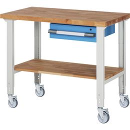 eurokraft pro Fahrbare Werkbank Serie 7000, 4 Lenkrollen, 1 Schublade, Ablageboden, Platten-BxT 1250 x 700 mm