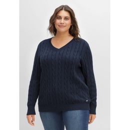 V-Ausschnitt-Pullover sheego "Große Größen", Damen, Gr. 48/50, blau (nachtblau), Grobstrick, Obermaterial: 100% Baumwolle, unifarben, klassisch, figurumspielend normal, V-Ausschnitt, Langarm, Pullover, aus Baumwolle, mit Zopfmuster