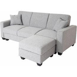 Sofa HHG-539 mit Ottomane, Couch Sofa Gästebett, Schlaffunktion Stauraum 217x145cm Stoff/Textil hellgrau