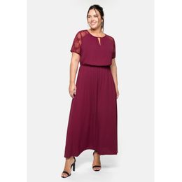 Abendkleid sheego "Große Größen", Damen, Gr. 44, Normalgrößen, lila (himbeere), Obermaterial: 100% Viskose;Futter: 100% Viskose;Spitze: 60% Baumwolle, 40% Polyester, unifarben, feminin, figurumspielend lang, Rundhals, Kurzarm, Kleider, in Maxilänge, mit Spitzeneinsatz