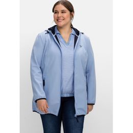 Softshelljacke sheego "Große Größen", Damen, Gr. 40, blau (mittelblau), Obermaterial: 94% Polyester, 6% Elasthan;Innenseite: 100% Polyester, unifarben, casual, figurumspielend lang, Langarm, Jacken, mit Kapuze und Kontrastdetails