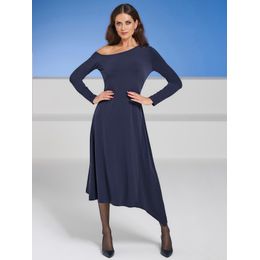 Jerseykleid Heine "Jersey-Kleid", Damen, Gr. 40, Normalgrößen, blau (marine), 95% Polyester, 5% Elasthan, unifarben, lang, asymmetrischer Ausschnitt, Langarm, Kleider Partykleid