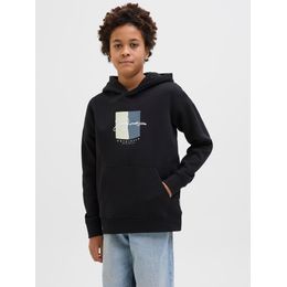 Jack & Jones Kapuzensweatshirt JACK & JONES JUNIOR "JORFREDERIKSBERG BOX SCI SW.H SN UNB JNR", Jungen, Gr. 128, schwarz, angeraute Sweatware, Obermaterial: 70% Baumwolle, 30% Polyester, bedruckt, modisch, regular fit normal, Langarm Rippbündchen, Sweatshirts